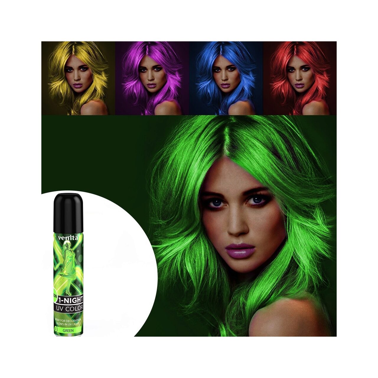 Spray colorant pentru par, stralucitor in lumina UV, Venita, One Night ...