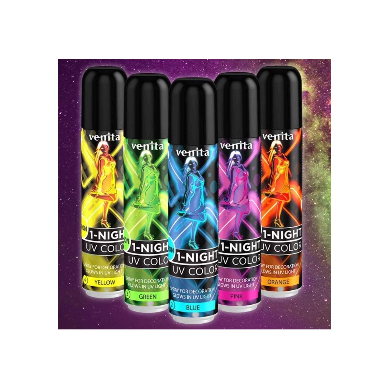 Spray colorant pentru par, stralucitor in lumina UV, Venita, One Night ...